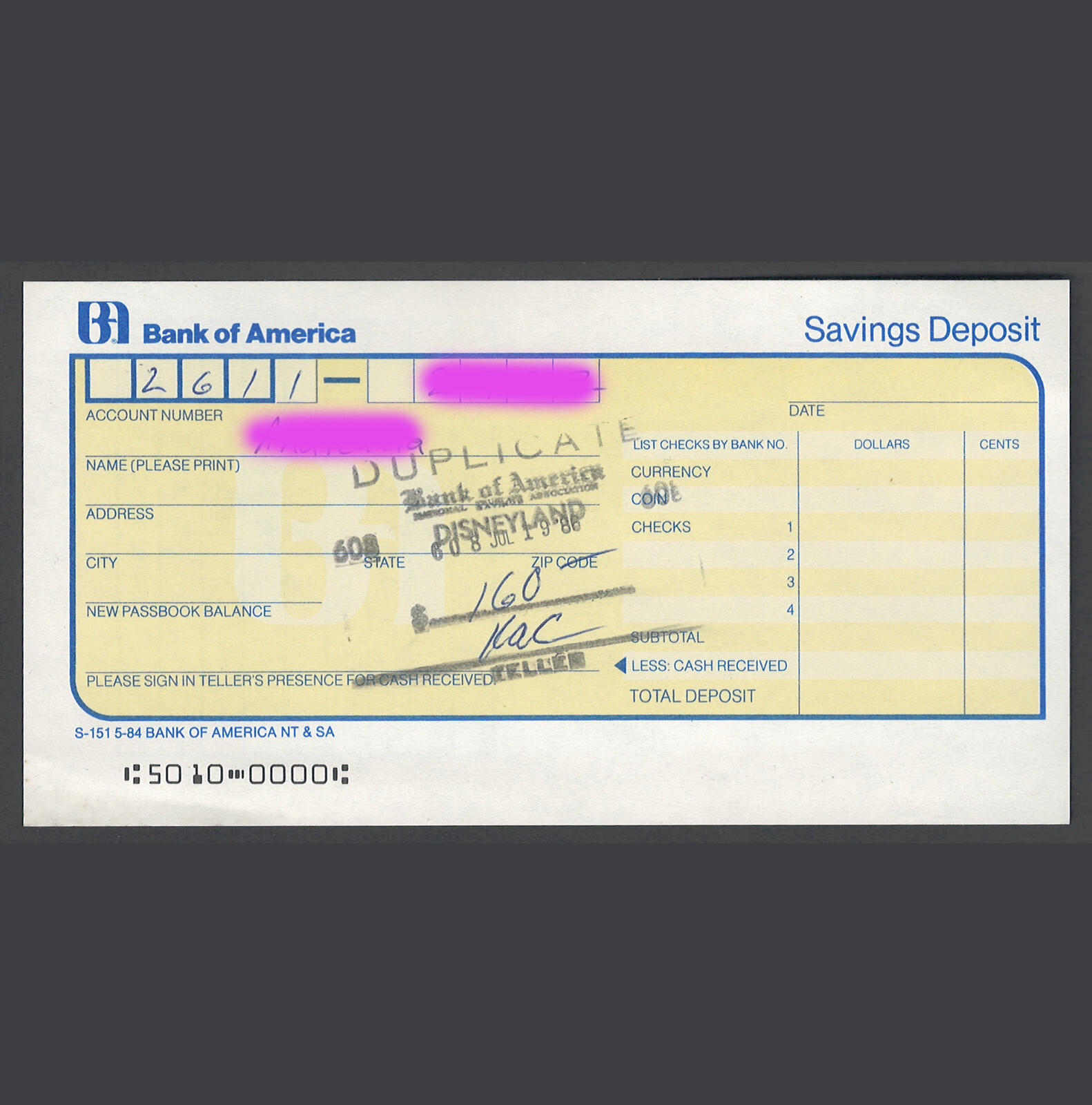 Vintage Disneyland Bank of America Used Deposit Slip Dated July 19 1986 ...