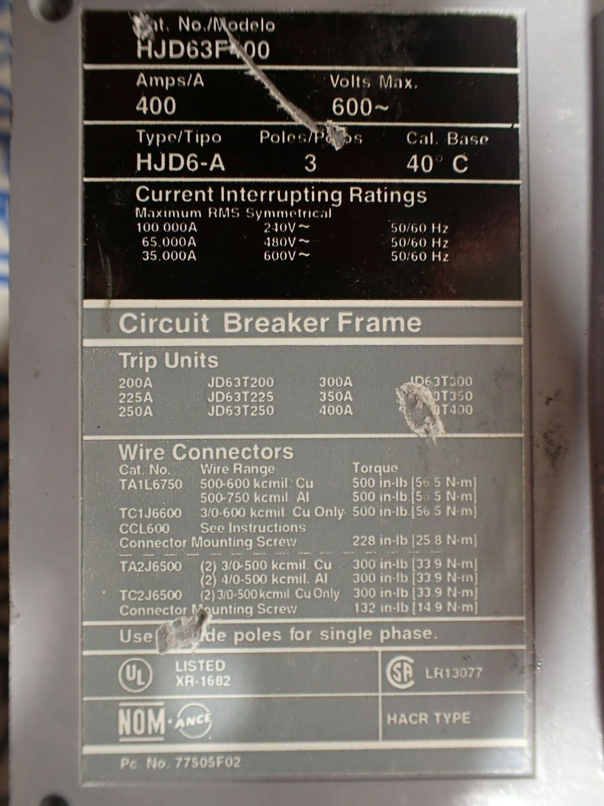 SIEMENS HJD63B300 HJD63F400 Frame 300 amp trip 600v 65kA@480V Breaker ...