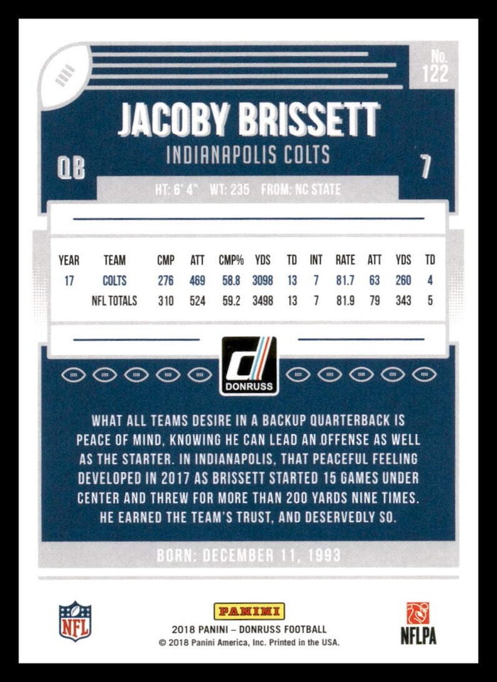 2018 Donruss Football Base # 122 Jacoby Brissett - Indianapolis Colts ...
