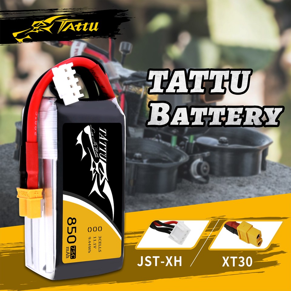2X Tattu 850mAh 11.1V 75C 3S Lipo Battery XT30 Plug For FPV RC Drone ...