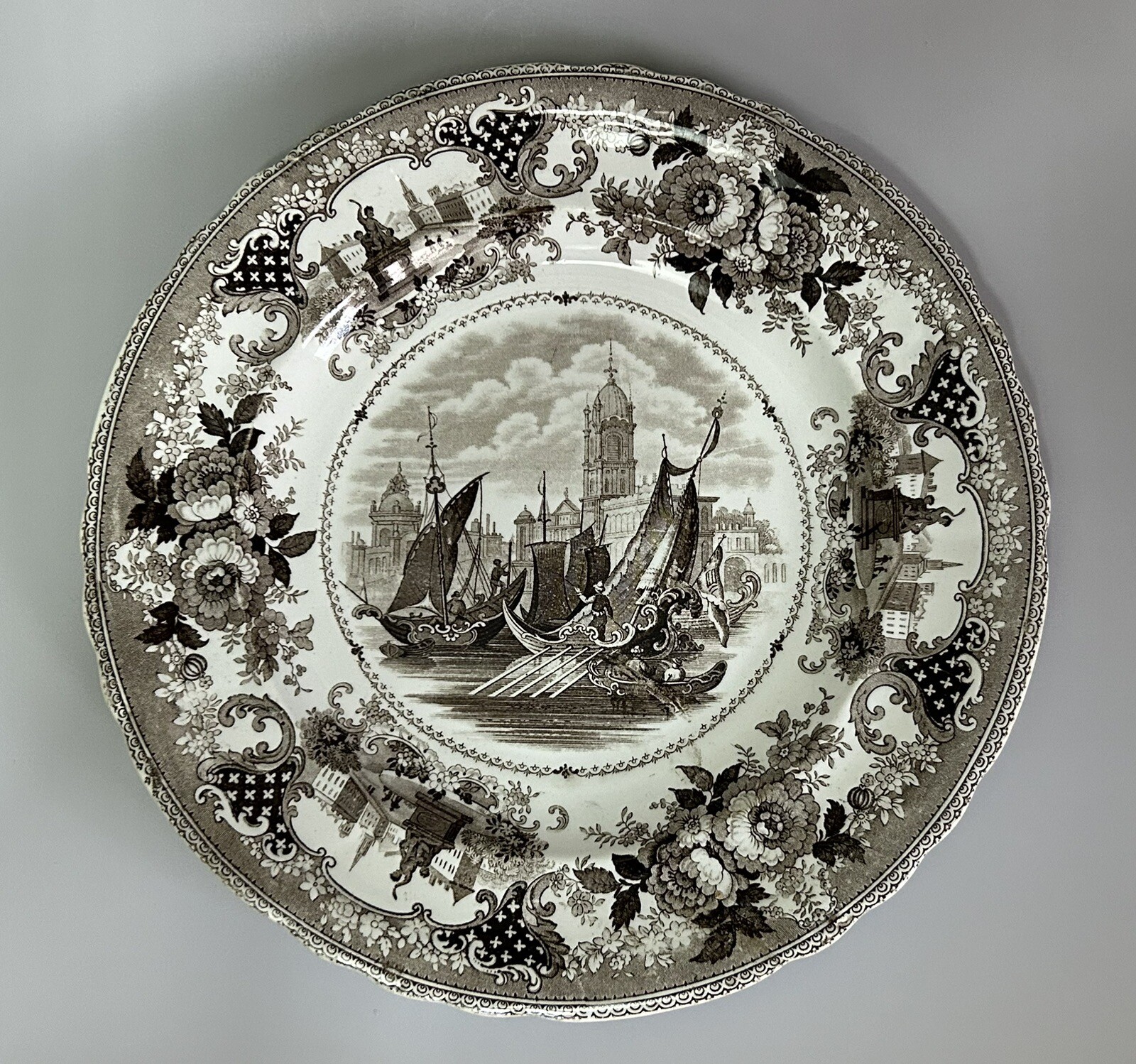 Antique English Brown Transferware Dinner Plate “ Gondola” Pattern ...