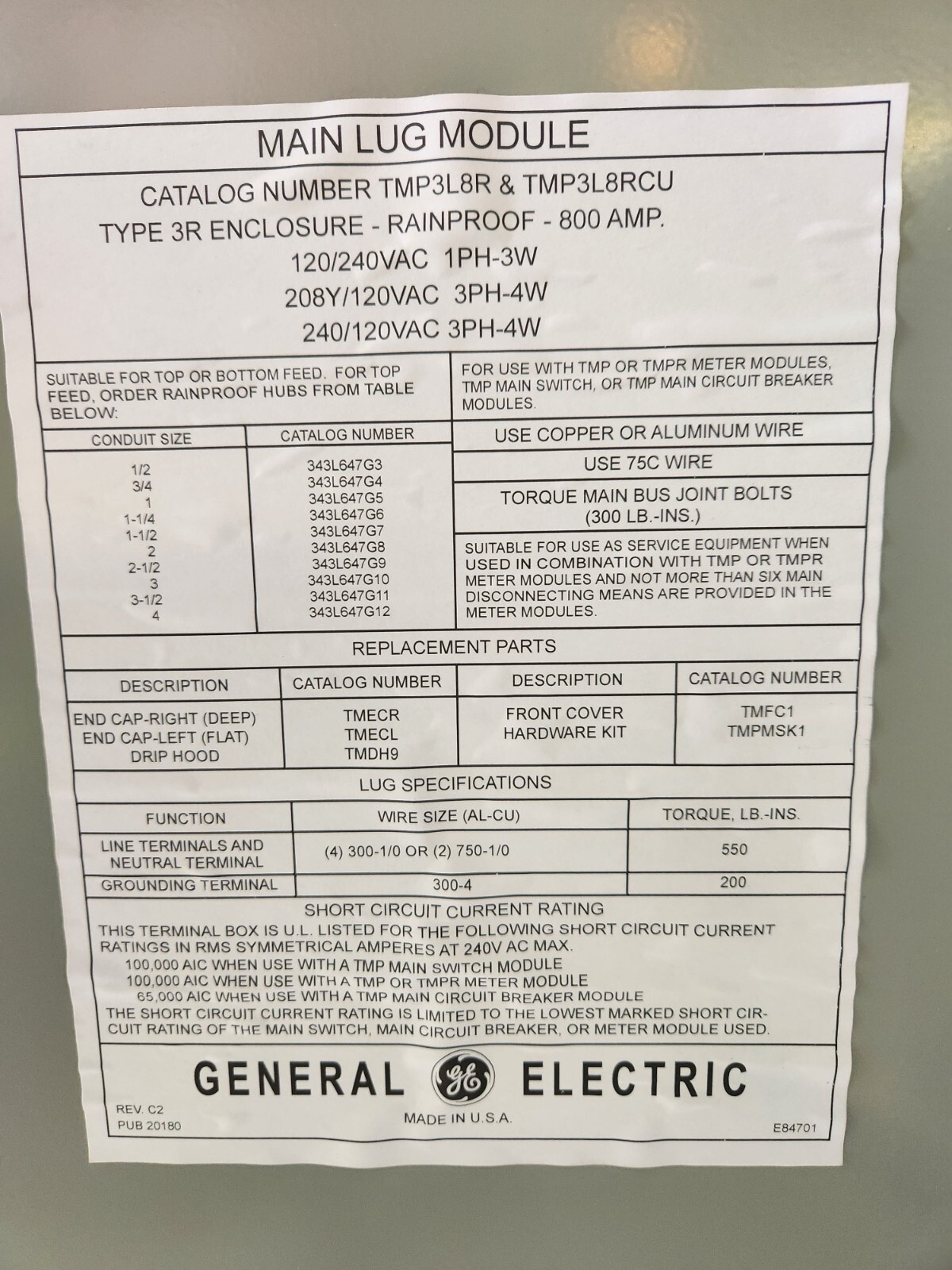 GE TMP3L8R Modular Metering, 800A, Main Lug Enclosure, 100kA, 208Y/120 ...