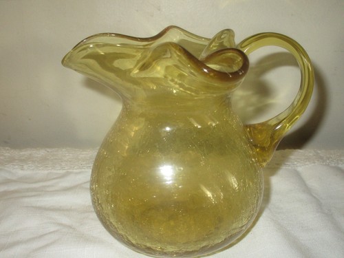 BLENKO OR PILGRIM VINTAGE HANDBLOWN AMBER CRACKLE GLASS PITCHER ...