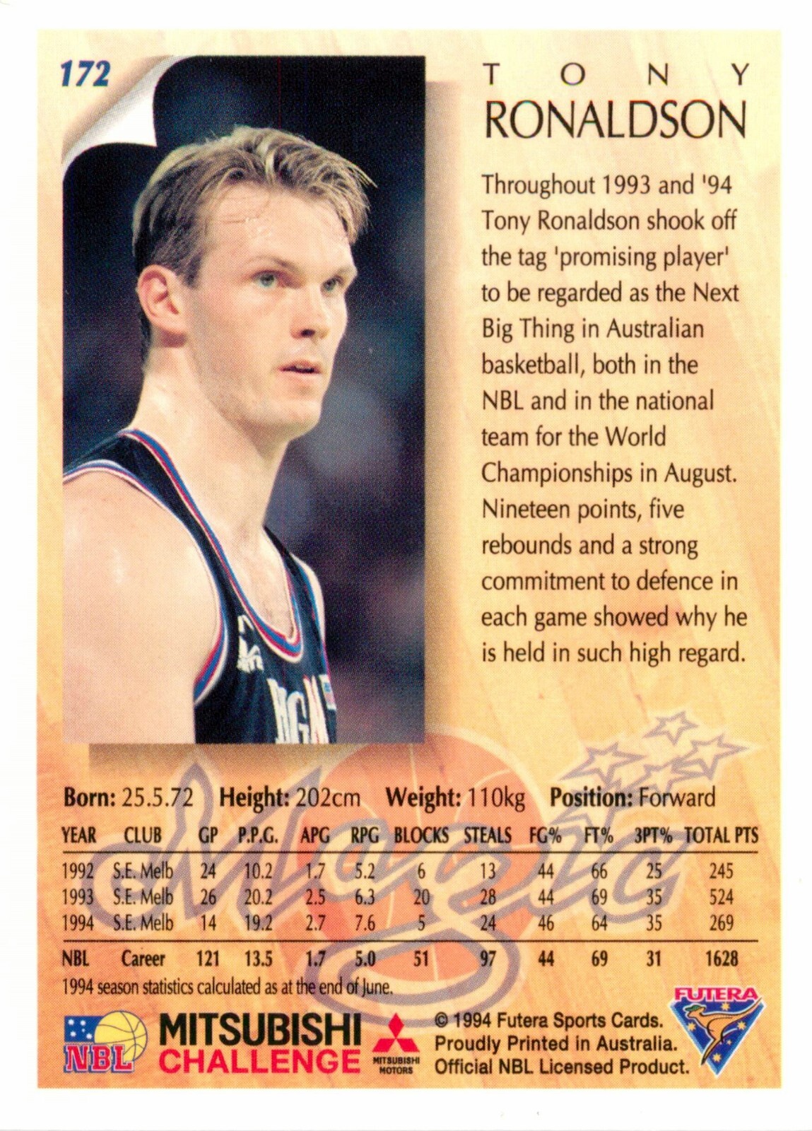 1994 South East Melbourne Magic NBL Basketball Futera Card - Tony ...