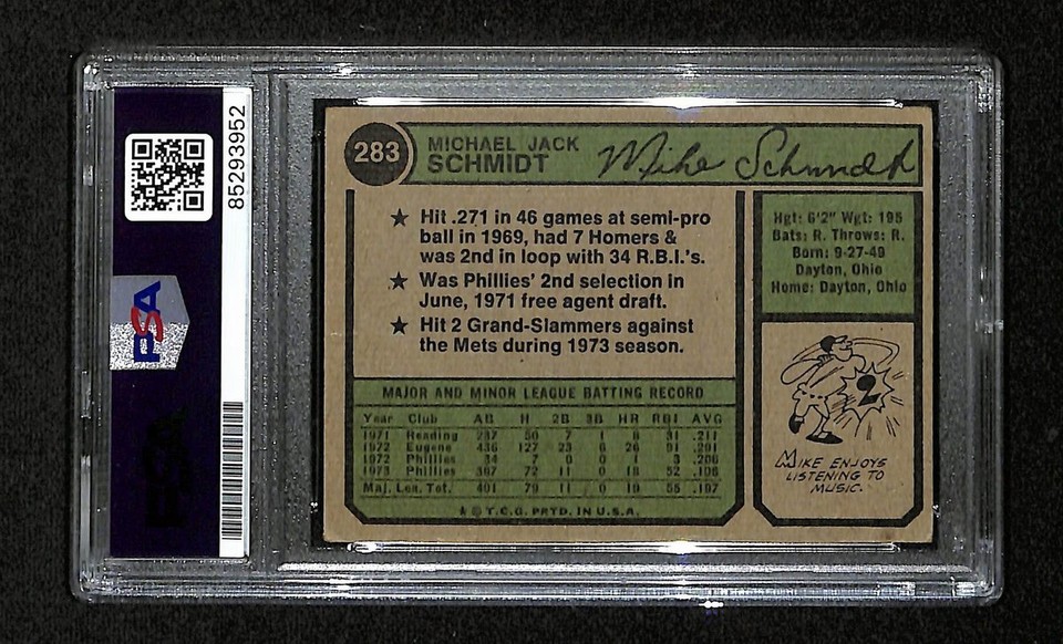 1974 Topps Mike Schmidt Phillies Card #283 Signed PSA/DNA GEM MINT 10 ...