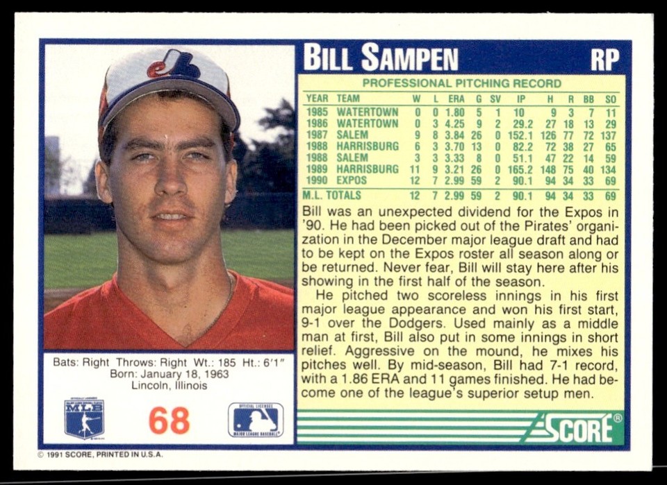 1991 Score Baseball Card Bill Sampen Montreal Expos #68 | eBay