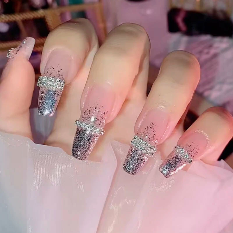 Silver Glitter Gradient Nails