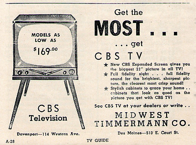 1956 Tv Set Ad ~ Midwest Timmermann Co. in Des Moines,Iowa ~ CBS 21 ...