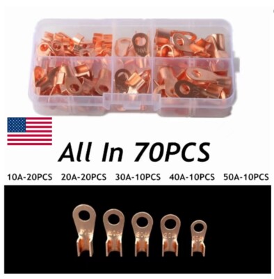 70PCS Open Barrel Wire Crimp Connector Tubular Battery Cable Eye Copper ...