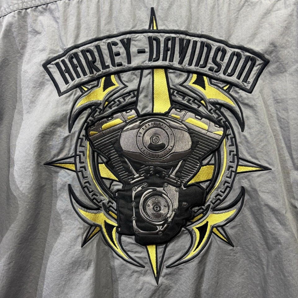 Harley Davidson Gray Embroidered Pocket Snap Button Down Biker Shirt Sz ...