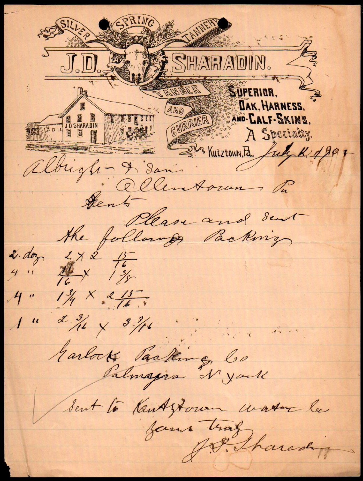 1902 Kutztown Pa - J D Sharadin - Tanner & Currier - Rare Letter Head ...