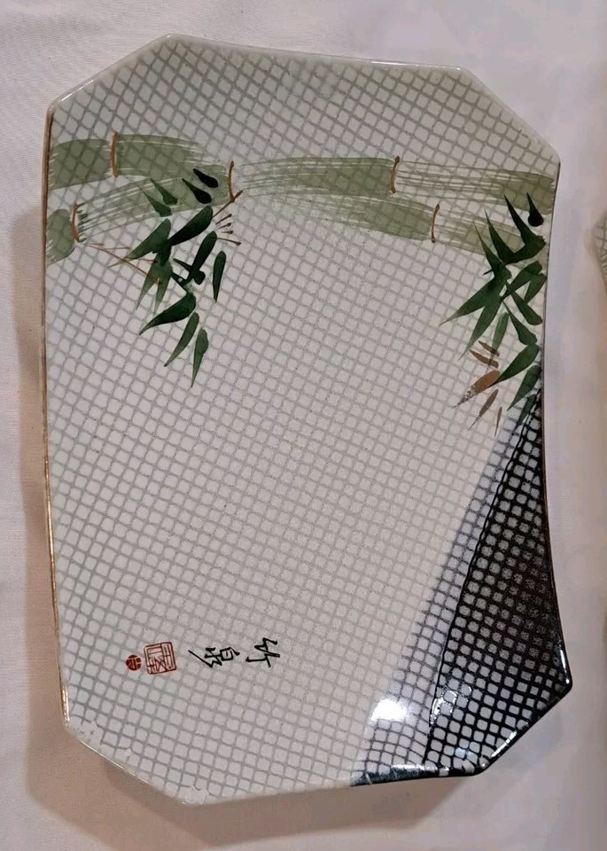 2 KASUGA WARE SUSHI SASHIMI PLATES HAND CRAFTED BAMBOO DESIGN SIGNED ...
