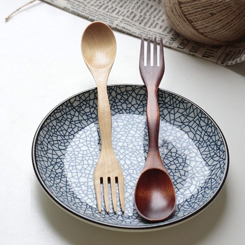 Flatware Dinner Tableware Cutlery 2 in 1 Natural Wood Dual Head Spoon ...