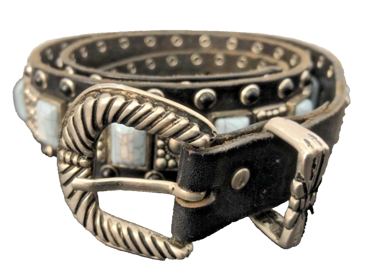 RARE NANNI BLACK LEATHER METAL STUDDED BLUE STONE WOMENS SILVERTONE ...