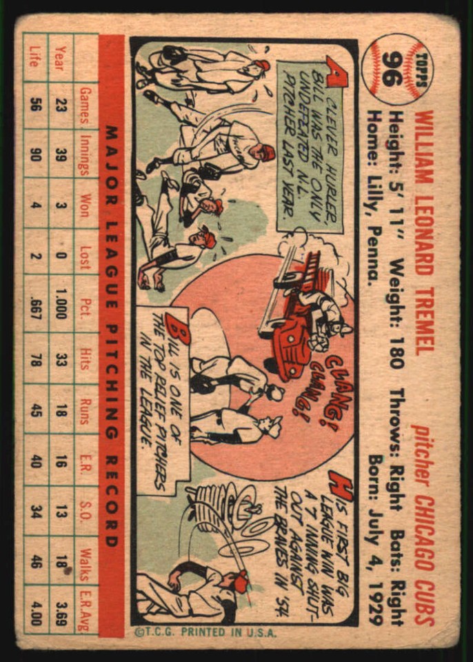 1956 Topps #96 Bill Tremel G Cubs Grey Backs 569060 | eBay