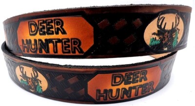 DEER HUNTER ANIMAL EMBOSSED MOTORCYCLE COWHIDE LEATHER BELT SIZE 26-48 ...