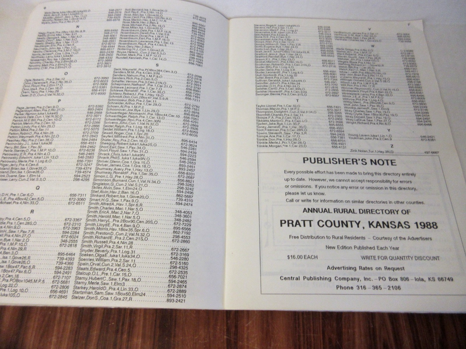 1988 Pratt County Kansas Rural Ownership Farm Directory Land Map KS | eBay