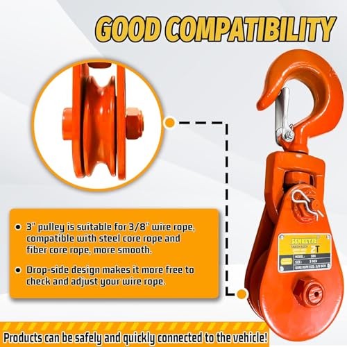 2 Ton Snatch Block with Hook, 3" Sheave for 3/8" Inch Wire Rope, Snatch ...