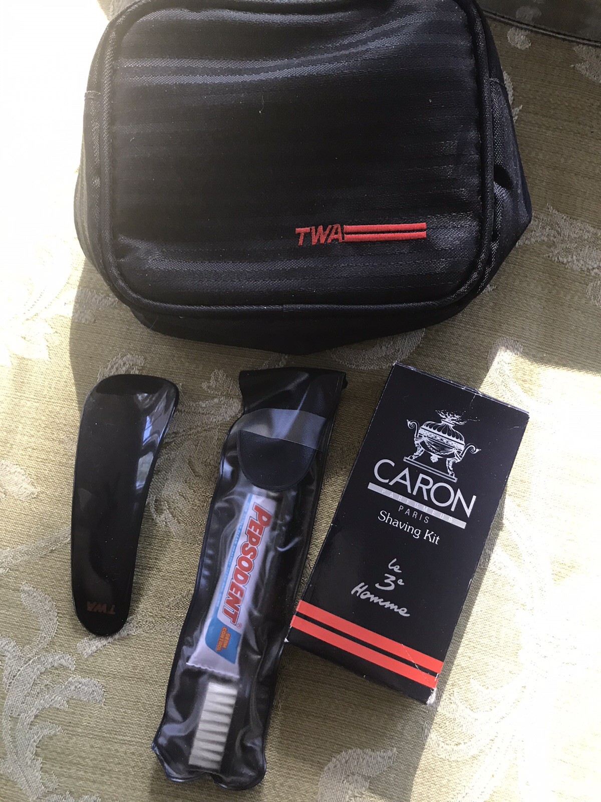 TWA first class men's toiletry set with several items in original ...