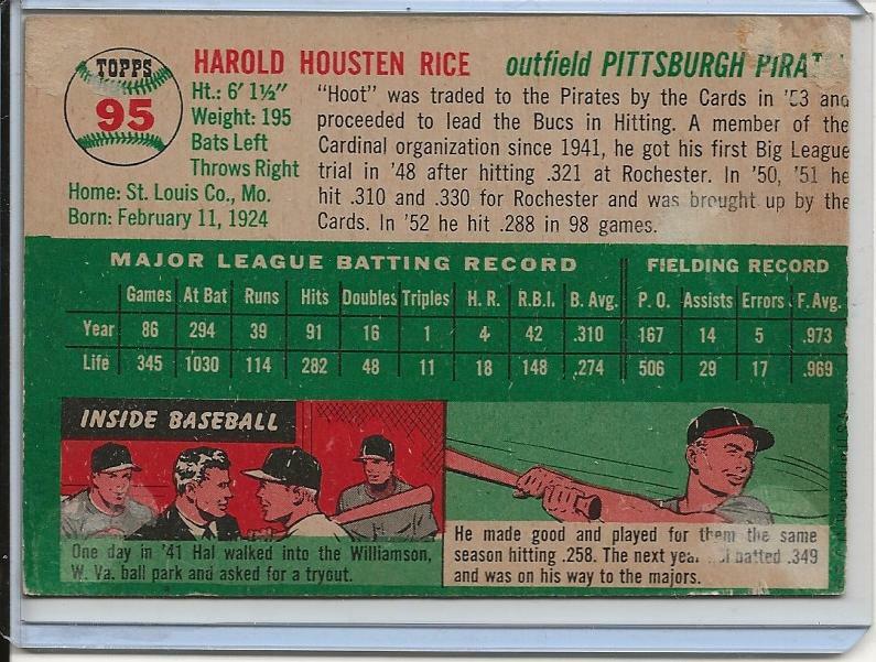 1954 Topps Baseball Card Hal Rice Pittsburgh Pirates Back small paper ...