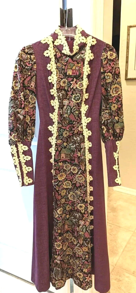 Vintage Gunne Sax Black Label 1970 Tapestry w Embroidery Long Dress EC ...