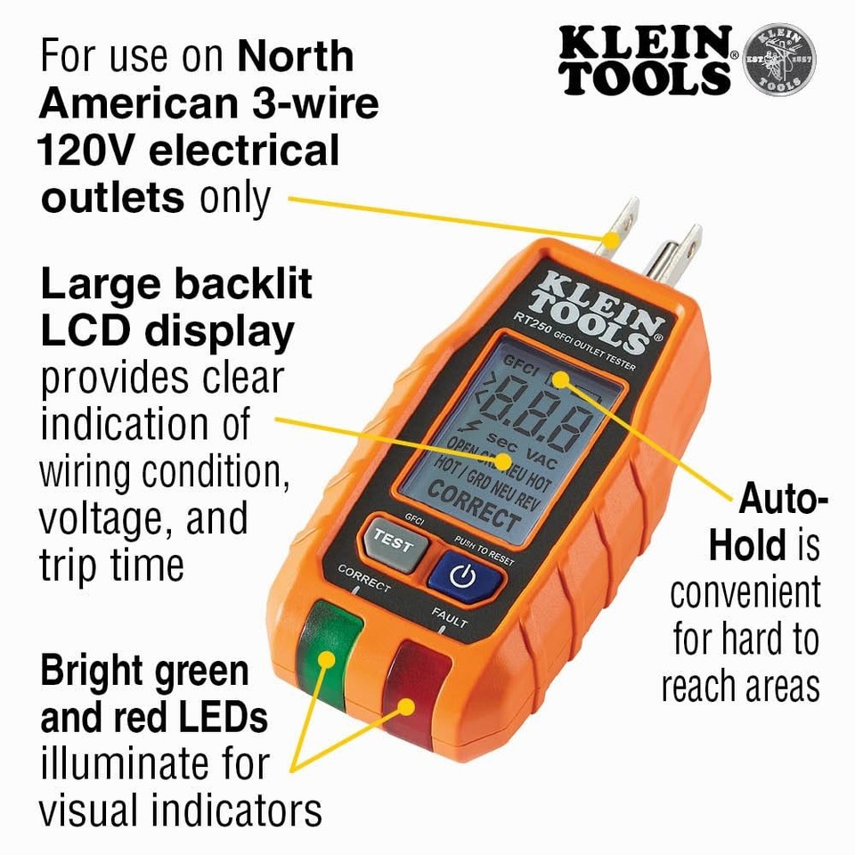 Klein Tools RT250 GFCI Outlet Tester with LCD Display, Electric Voltage ...