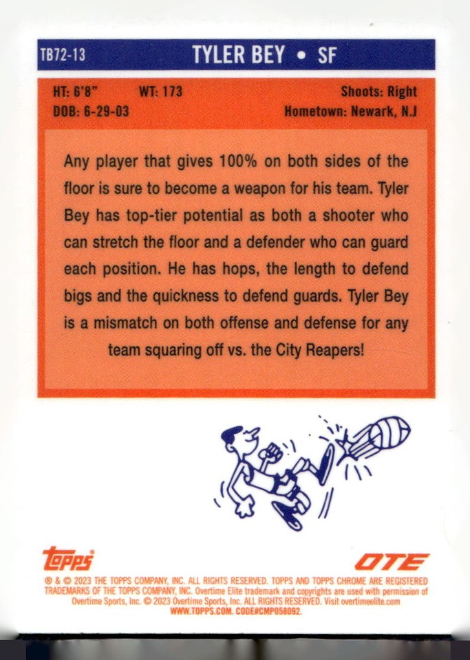 2022-23 Topps Chrome Overtime Elite #TB72-13 Tyler Bey 1972 Topps ...