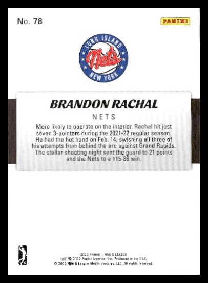 2022 Panini NBA G League #78 Brandon Rachal Long Island Nets Basketball ...