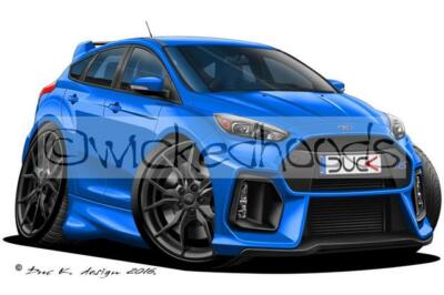 Cartoon Car Art Ford Focus RS MK3 2016+ 4 Colours A3 & A4 size WITH Reg ...