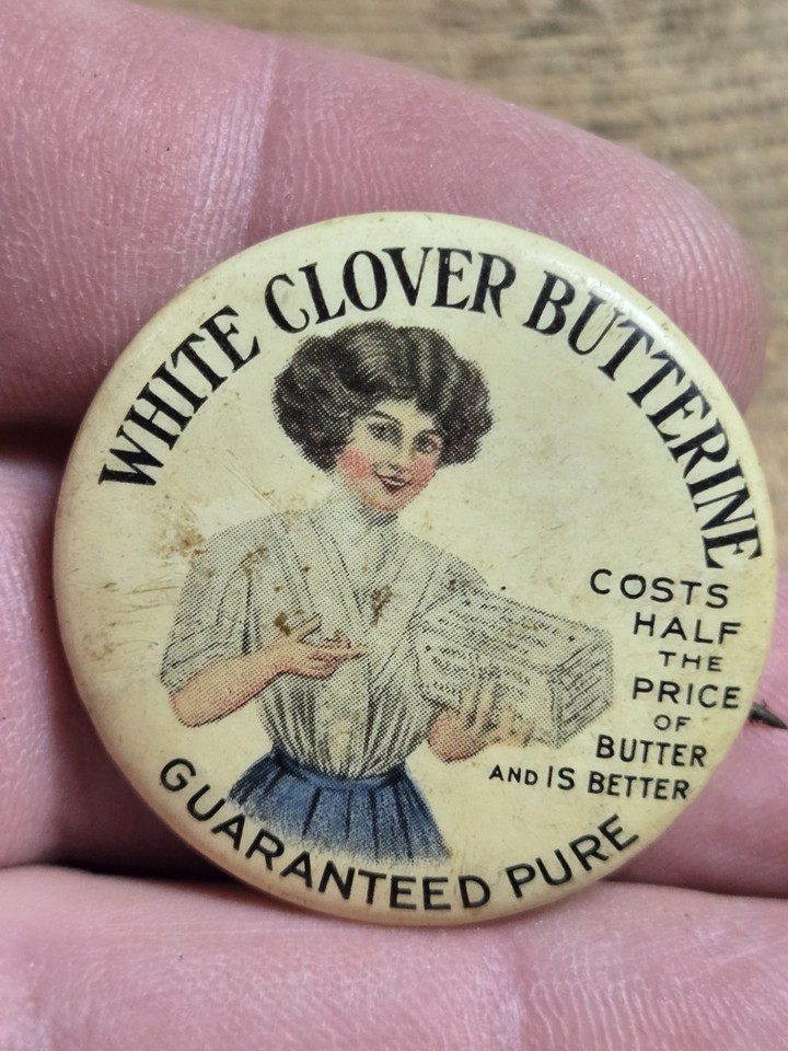 Scarce Vintage White Clover Butterine Advertising Butter Pin Badge VT ...