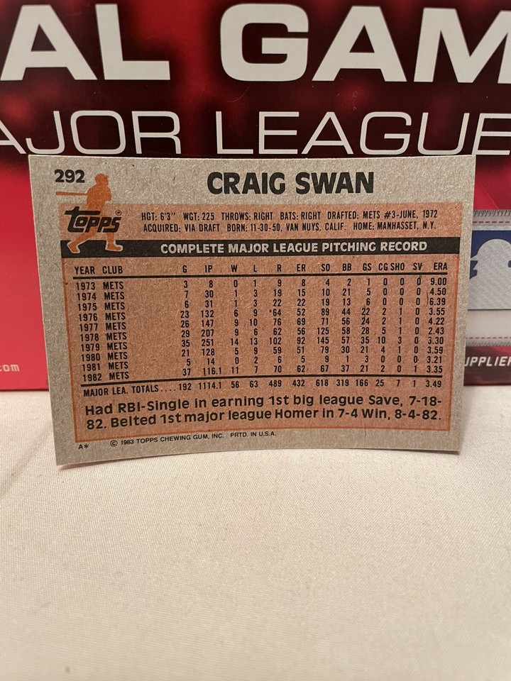 1983 Topps Baseball Card #292 Craig Swan NM Combined Shipping | eBay