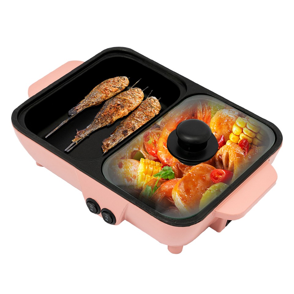 Pink 2 in 1 Electric Hot Pot Kitchen Smokeless Non-stick Baking Pan BBQ ...