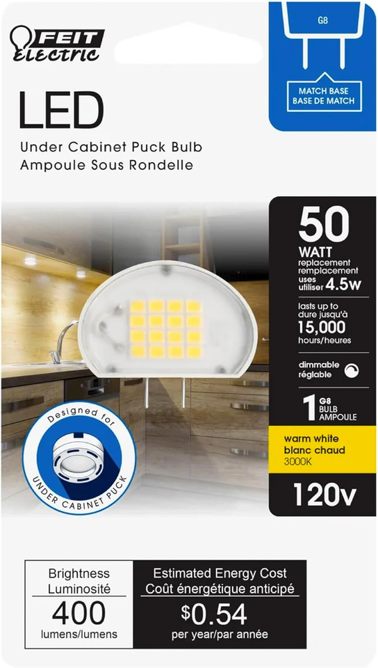 LED G8 Puck Light Bulb, 3000K Warm White, 120V, 400 Lumens,15,000 Hour ...