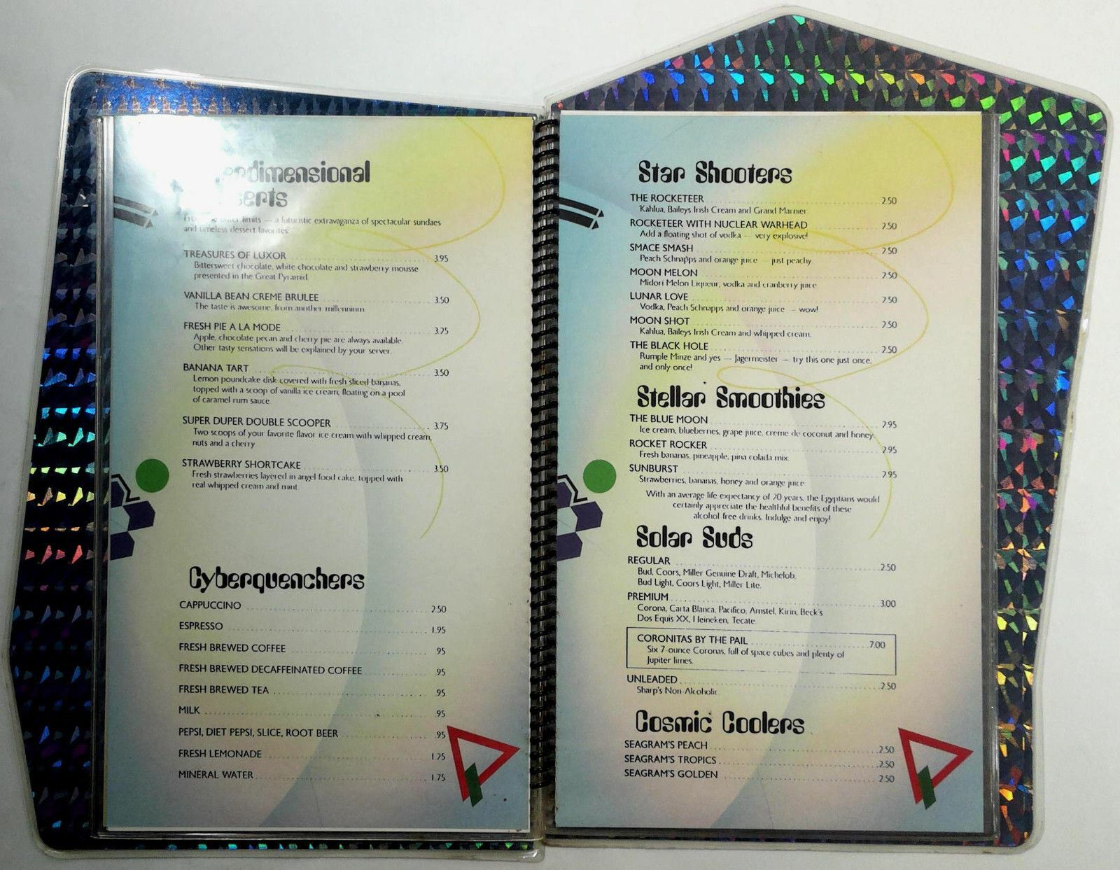 RARE LUXOR Space Age HOLOGRAPHIC Menu MILLENIUM HIGH ENERGY CAFE Las ...