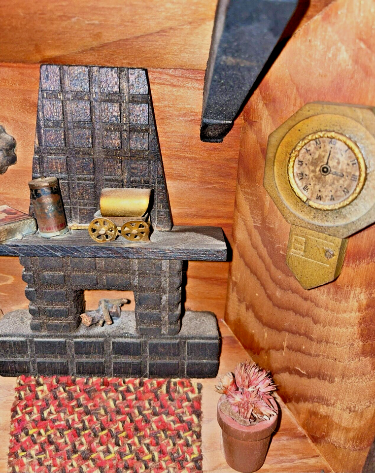 1974 ENESCO Folk Art Carved Wood DEN 3D Diorama Shadow Box Cabin Wall ...