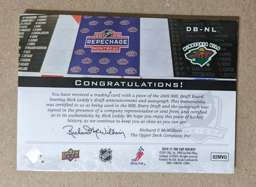 2010-11 THE CUP AUTO DRAFT BOARDS #DBNL NICK LEDDY #'D 8/25 AUTOGRAPH ...