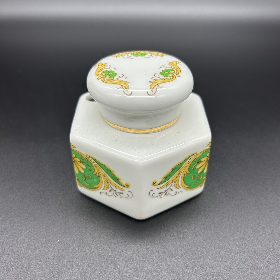 Vtg Limoges France Porcelain Inkwell with Pen Hole Yellow Green Flowers ...