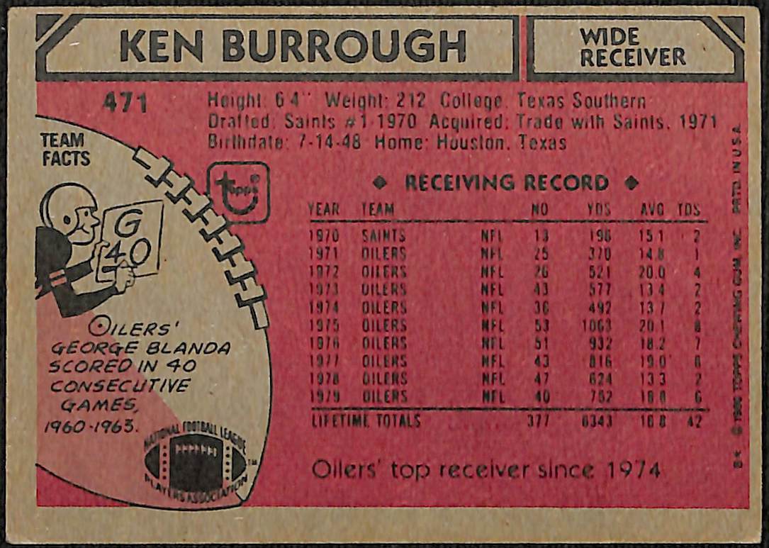 1980 Topps Ken Burrough #471 Houston Oilers | eBay