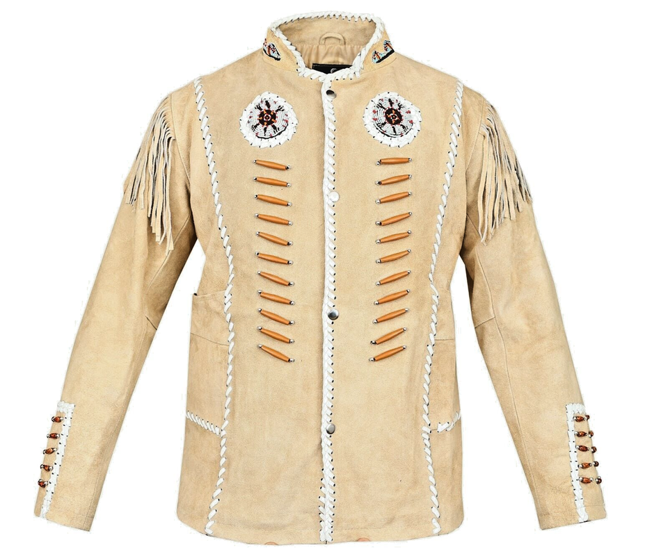 Men's Western Leather Suede Jacket Native American Beads & Bones Cowboy Jacket | eBay
