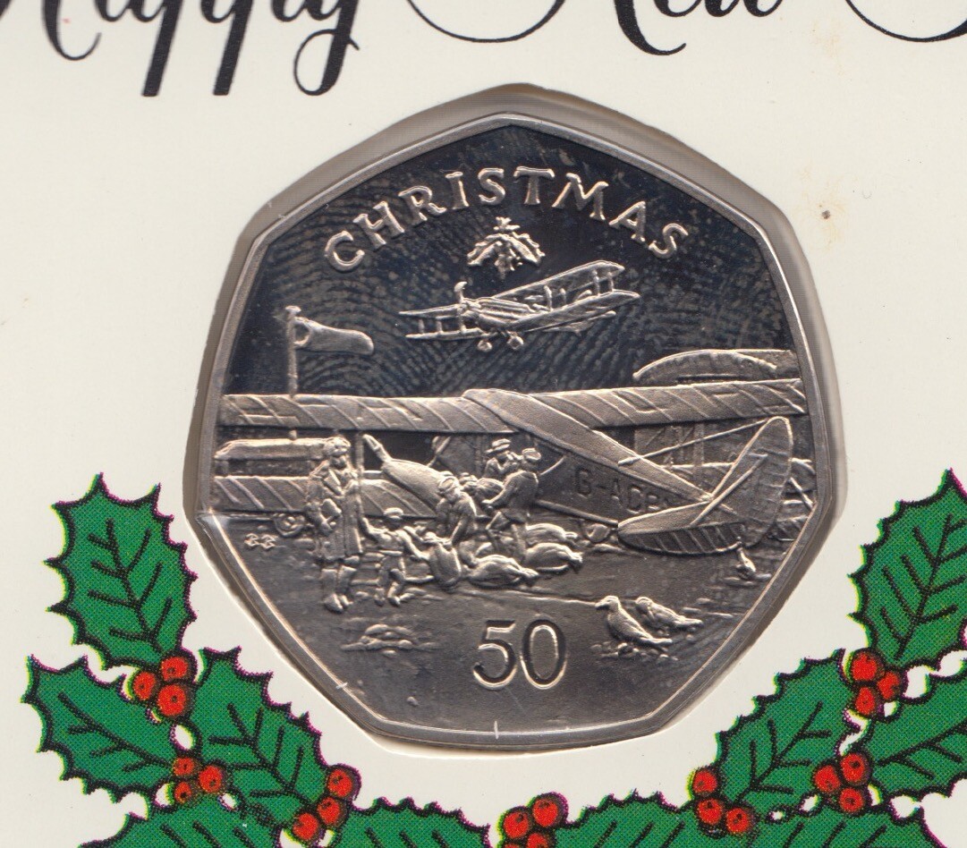 Coin 50p Christmas 1985 IOM Isle of Man Manx Post Royal Mail Plane ...