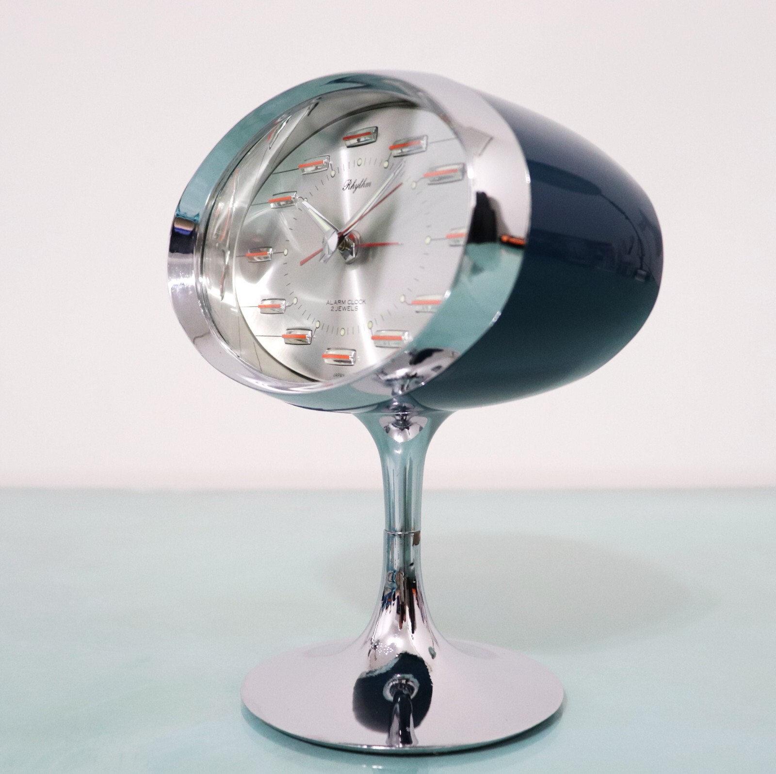 RHYTHM 51141 TOP! Clock Mantel Alarm Vintage Space Age Blue CHROME Desk ...