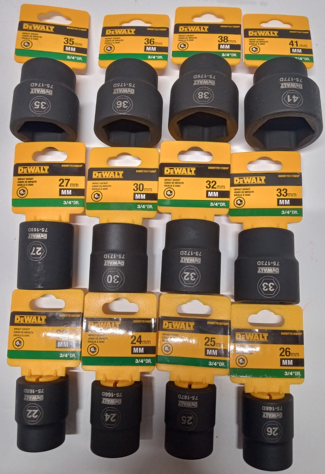 Lot of 12 DeWalt Impact Socket 22,24,25,26,27,30,32,33,35,36,38,41mm ...