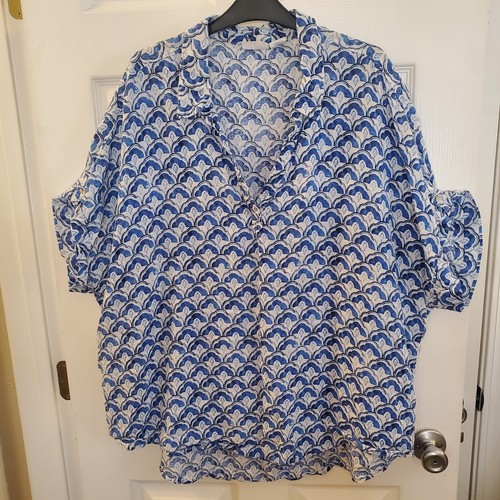 Sigrid Olsen Linen Popover Tunic Sz 3X Blu/Wht Geometric Beach Coastal ...