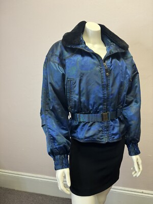 Vintage Obermeyer Blue Green Faux Fur Satin Ski Winter Belted Jacket ...