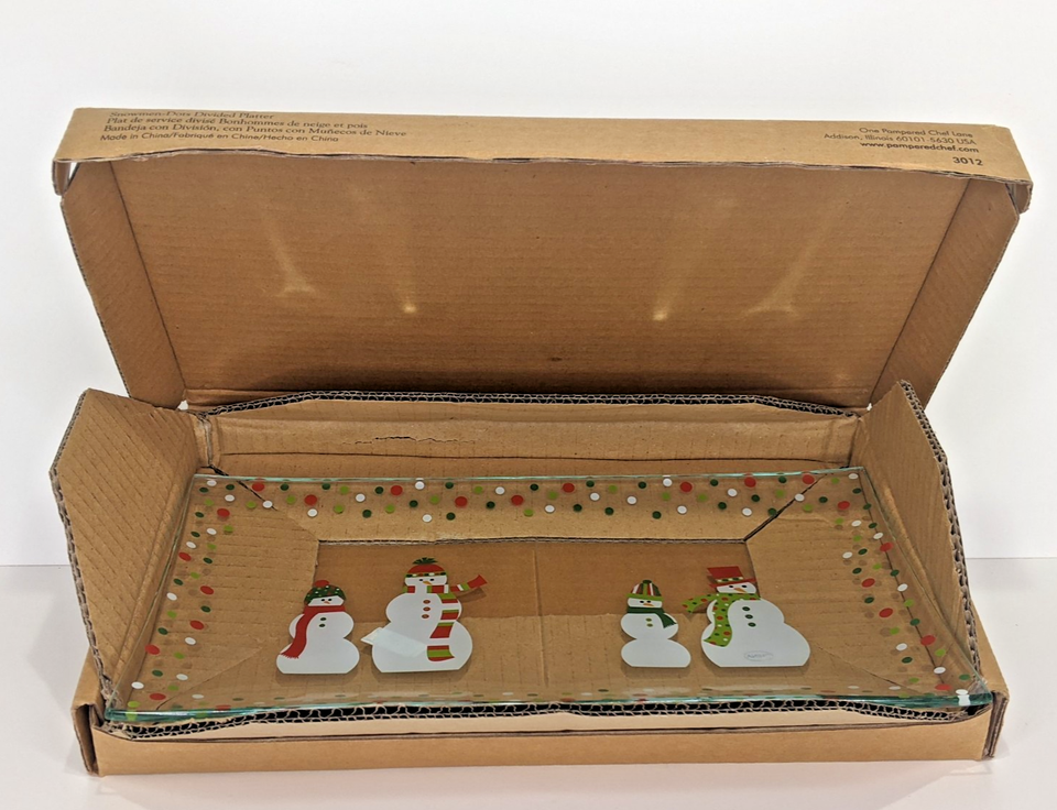 Pampered Chef Snowman-Dots Divided Platter Glass #3012 New Open Box 13. ...