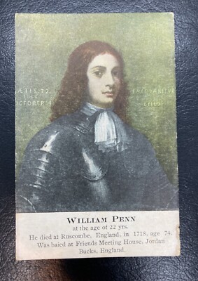 Portrait of William Penn - postcard Rare Image Young Penn | eBay
