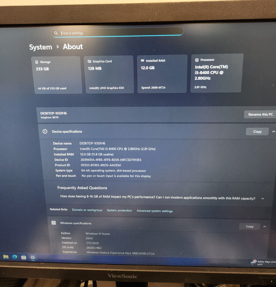 DELL INSPIRON 3670 i5-8400, 12GB RAM, 256GB SSD, WIFI-BT, Win11 #0063 ...