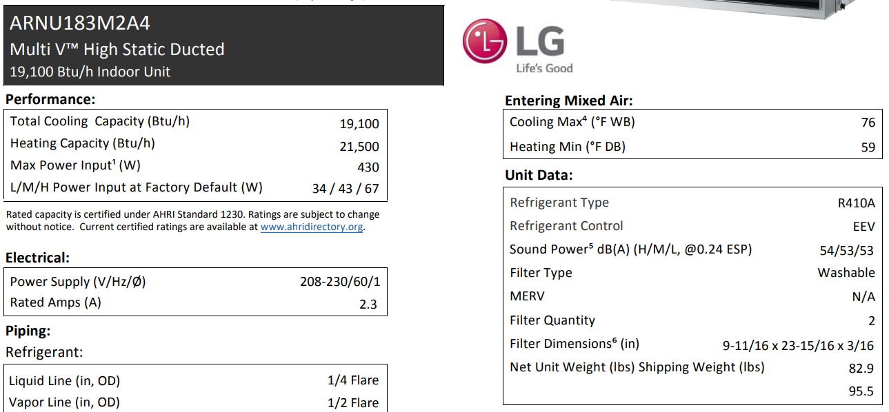 LG AC ARNU183M2A4 Multi V High Static Ducted - 19,100 BTU/h Indoor Unit ...