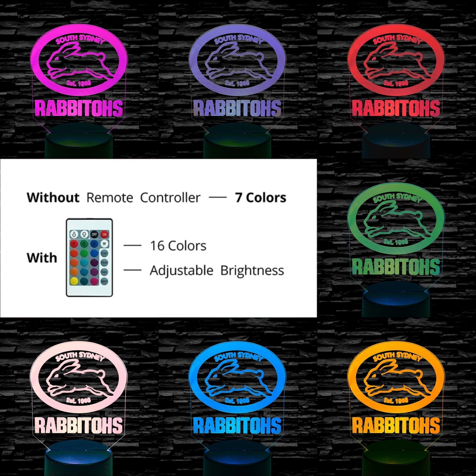 Rabbitohs South Sydney 3D LED Night Light Lamp 16 Colour Remote ...
