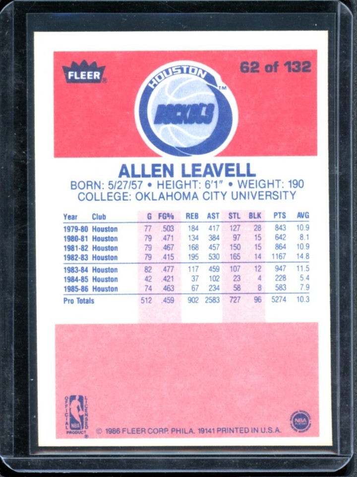 1986-87 Fleer Allen Leavell #62 Set Break Near Mint or Better *TIP TOP ...